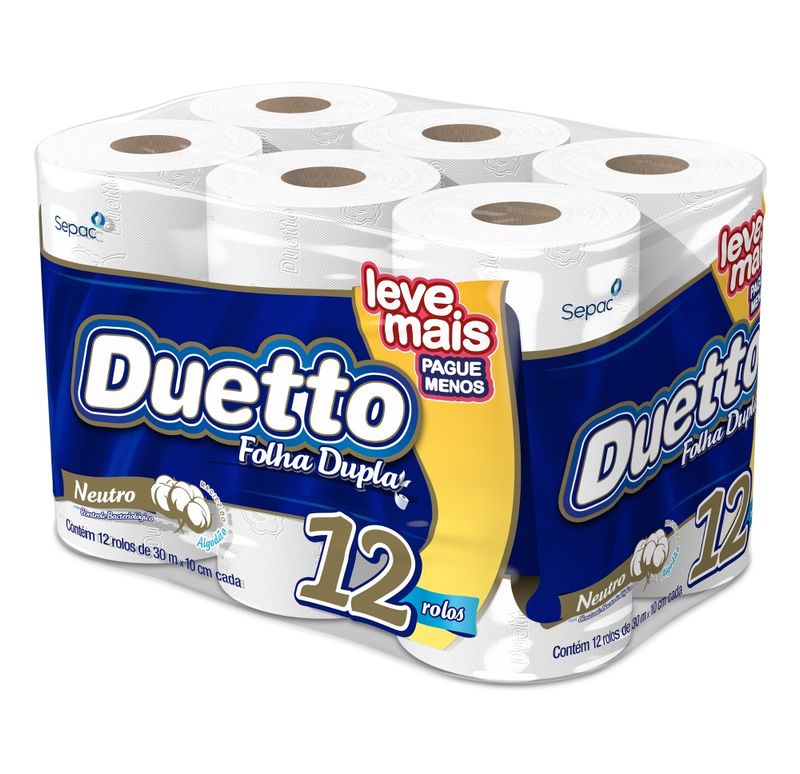 Papel Higiênico Folha Dupla Neutro Duetto 30m Pacote 12 Unidades Leve